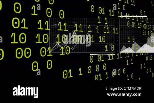 Animation of binary coding over statistical data processing against black background. Computer ...