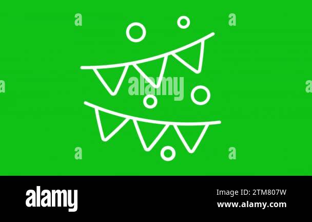 Animated decorations white line icon. Hanging party flags. Festive ...
