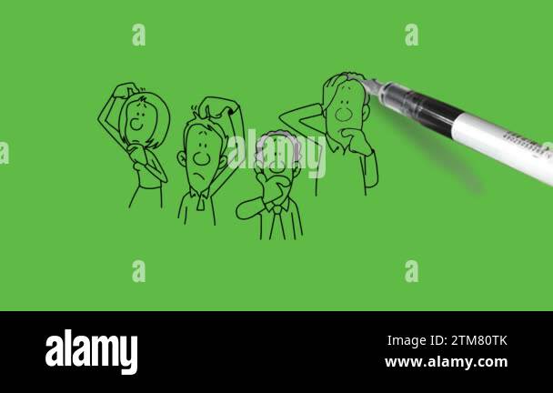 Draw group of five people men and women of round nose stand think ...