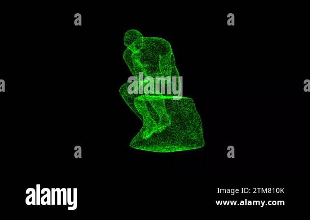 3d Statue Of A Thinker Rotates On Black Bg Object Dissolved Green