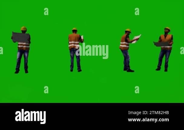 3D several different factory workers green screen background talking ...