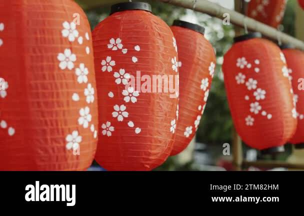 Japanese lanterns decorated in food festival. Translate hiragana ...