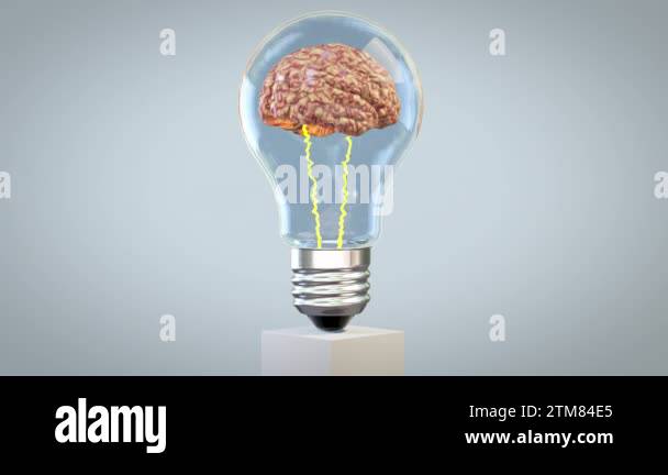 3d brain rotating inside a lightbulb, great mind concept, loop Stock ...