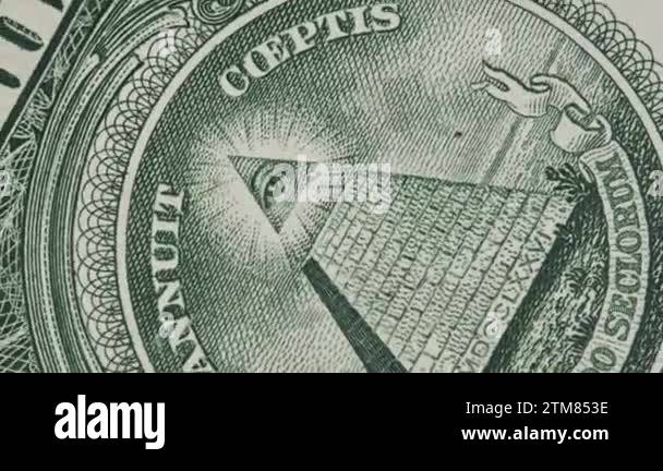 Mason sign symbol of the all-seeing eye sign rotates on a one dollar ...