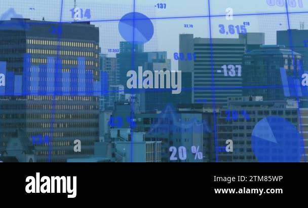 Animation of changing numbers and graphs over aerial view of modern ...