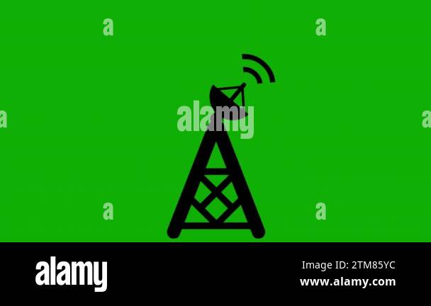 Signals emitting from antenna over a tower on green screen background ...