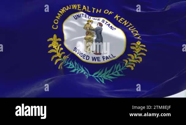 Kentucky state flag waving. State seal: Two men embracing, motto ...