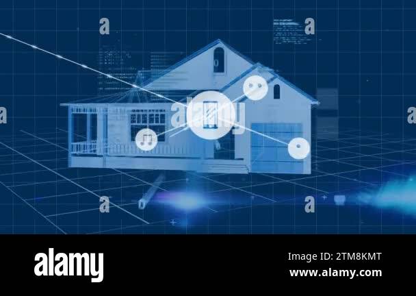 Animation of connected icons and computer language over 3d model of ...