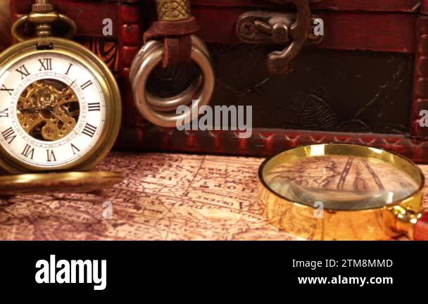 Vintage clocks on the map. Old world map in 1565 Stock Video Footage ...