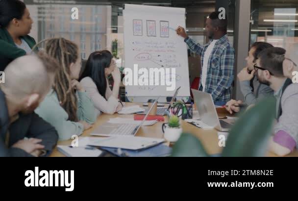 Multi-ethnic group of employees watching presentation while man ...