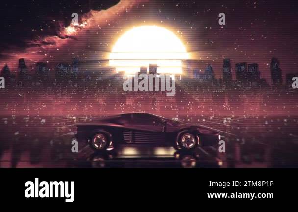 80s retro futuristic drive seamless loop with vintage car. Stylized sci ...