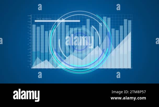 Animation of neon round scanner and statistical data processing against blue background ...