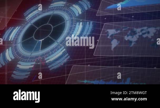 Animation of interface with round scanner and data processing against purple gradient background ...