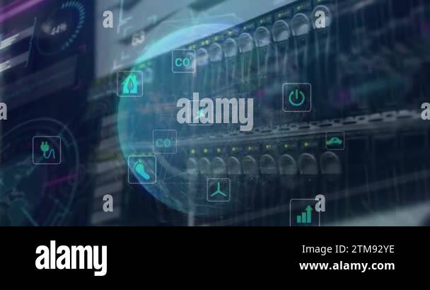 Animation Of Icons Computer Language Connected Lines Over Globe Against Back Panel Of Server