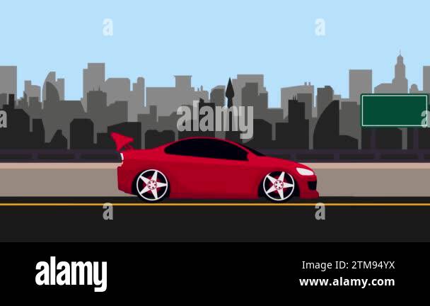 Animated cartoon design of traffic on the highway with moving sport car ...