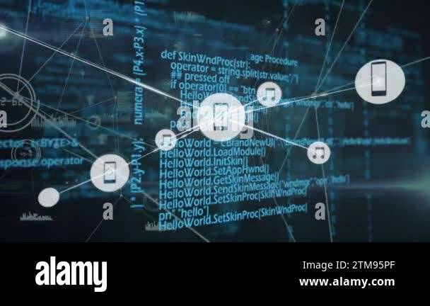 Animation of connected icons over computer language against abstract background. Digitally ...