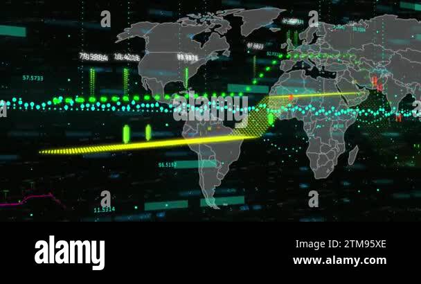 Animation of multiple graphs over map with changing numbers against black background. Digitally ...