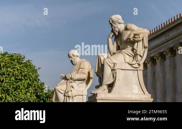 Marble statues of the ancient Greek philosophers Plato and Socrates ...