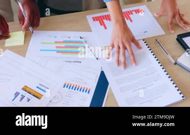 Graphs, documents and people hands for data analysis, charts and planning business growth ...