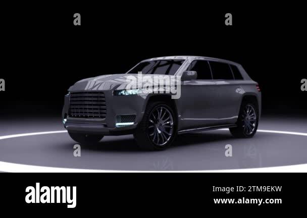 Modern car rotates, photo-realistic 3D car animation on a black ...