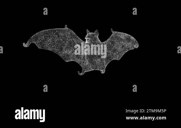 3D bat rotates on black bg. Object dissolved white flickering particles ...