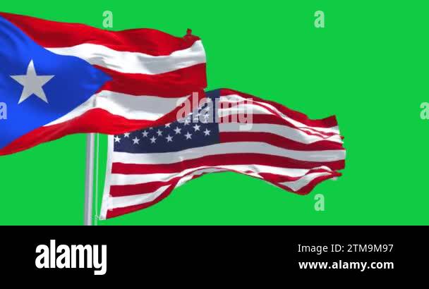 Flag of Puerto Rico waving with the United States flag on green screen ...