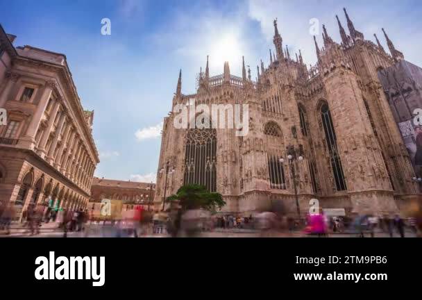 sunny day milan most famous duomo backside front sky panorama 4k time ...