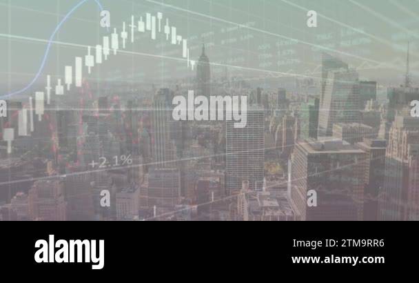 Animation of multiple graphs with changing numbers over aerial view of ...