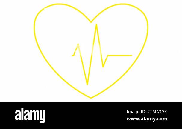 Animated yellow pounding heart with electrocardiogram. Linear symbol of pulsating cardiogram ...