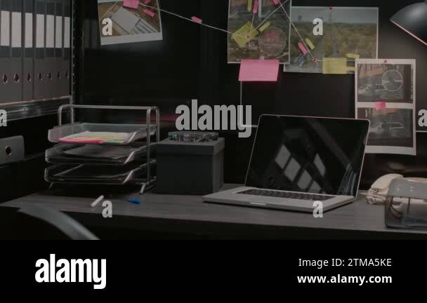 Empty evidence room equipped with clues and witness statements ...