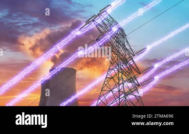 Nuclear power plant and high voltage grid tower. Overhead power line ...