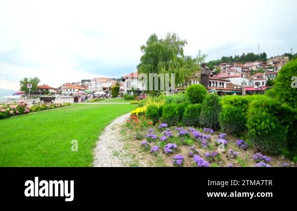 OHRID, MACEDONIA, JUNE 2015: Beautiful park view in the center of Ohrid ...