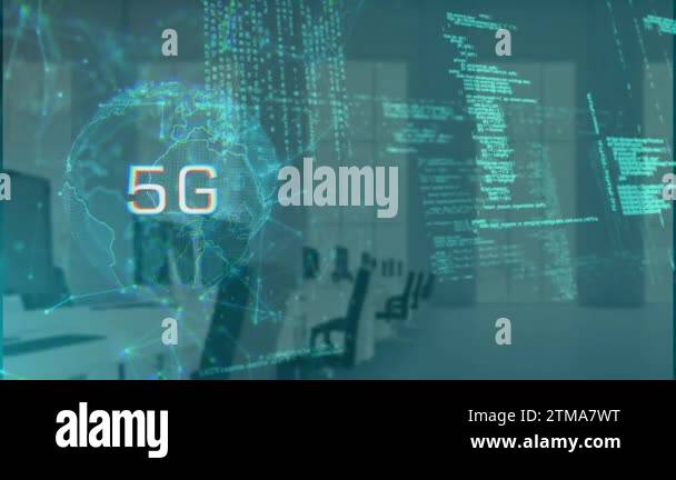 Animation of 5g text on globe, connected dots, computer language over ...