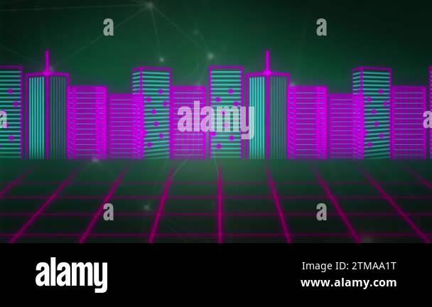 Animation of 3d model buildings on grid pattern over connected dots ...