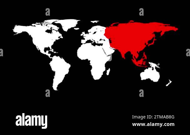 World map animation with red Asia. Appearance all continents into a ...