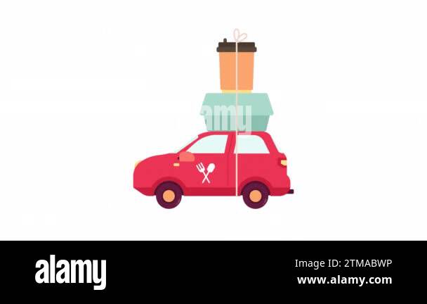 Prepared meal delivery animation. Animated delivery car with lunch box ...