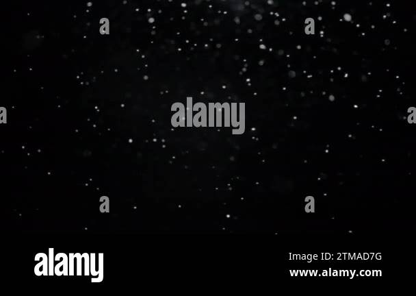 Real snowfall in front of a black background falling sideways to the ...