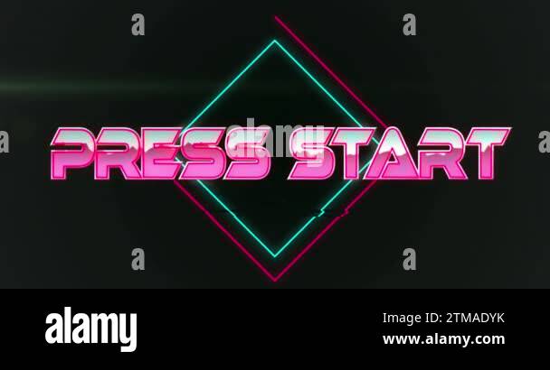 Animation of press start text over rhombuses and lens flares against ...