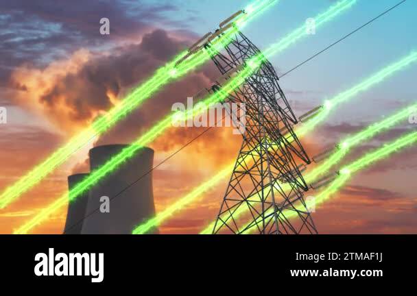 Transmission line. High voltage grid tower. Electricity flows through ...