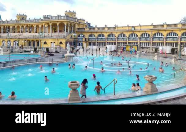 Szechenyi Thermal Bath complex in Budapest in Hungary in Winter. One of ...