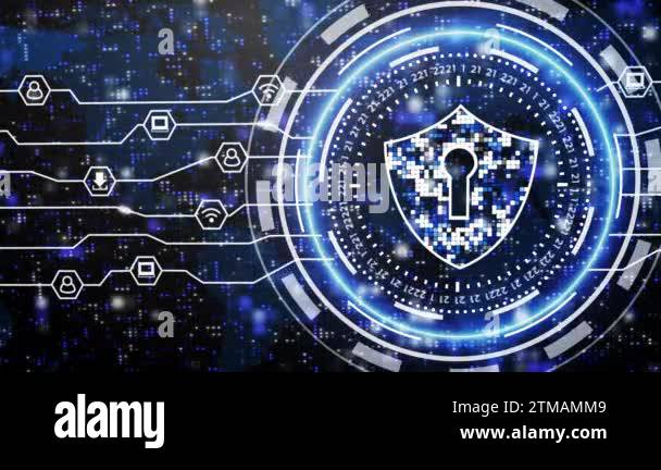 Network data protection cyber security lock shield. Motion graphics with blue neon glowing ...