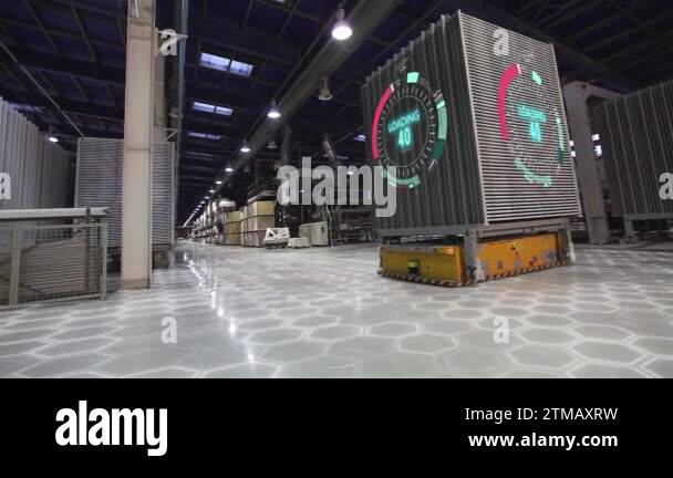 Automated factory with self-managed robots. Robots in an automated factory. Visualization of ...