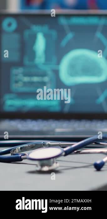 Vertical video: Empty counter with brain x ray scan in medical facility ...