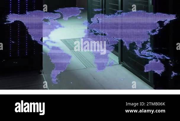 Animation of glitch technique in map against server room in background ...