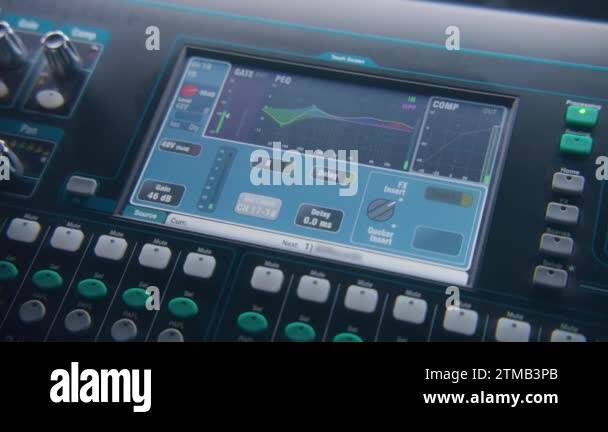 Close up shot of mixing console, remote control for adjusting sound ...