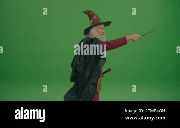 Green Screen. An Old Wizard With a Gray Beard in a Cloak and a Medieval ...