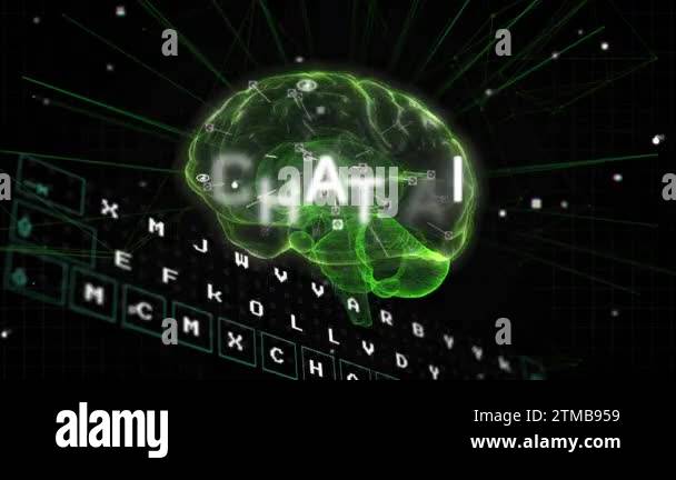 Animation of artificial intelligence text and data processing over human brain. Global ...