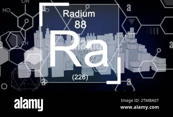 Animation of chemical formula with elements over digital city on black ...