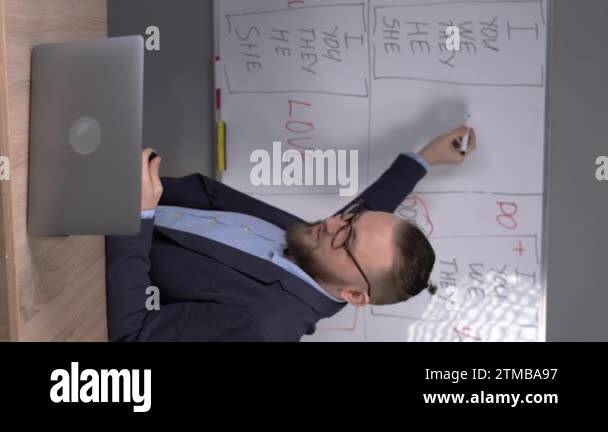 Remote education concept. Happy male teacher giving online English ...