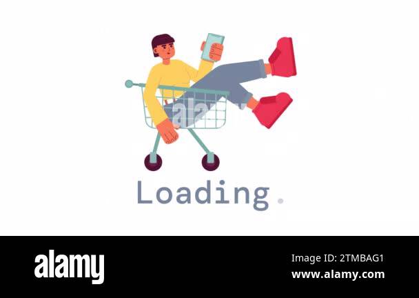 Animated internet shopper loader. Girl in cart purchasing with phone ...